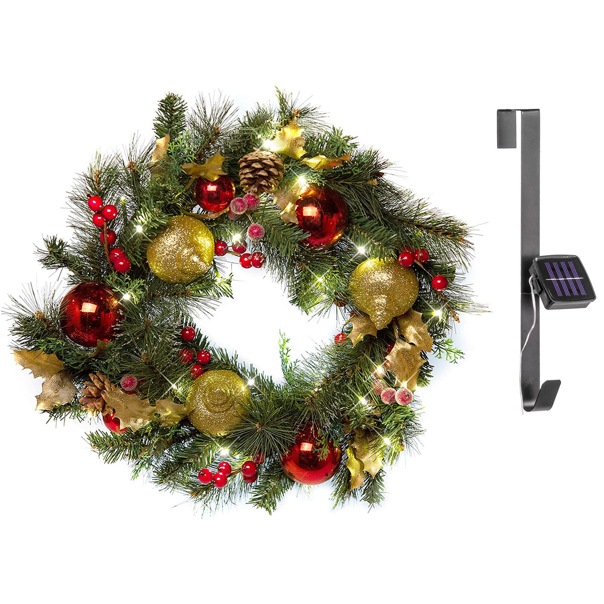 22 Inch Light-Up Christmas Wreath with Red & Gold Ornaments, Solar ...